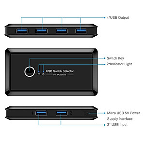 YINNCEEN USB 3.0 Switch, USB Switcher 2 Computer Share 4 USB Devices, Peripheral USB KVM Switch for PC Printer Scanner Mouse Keyboard, with 1 PCS USB C to USB Adapter