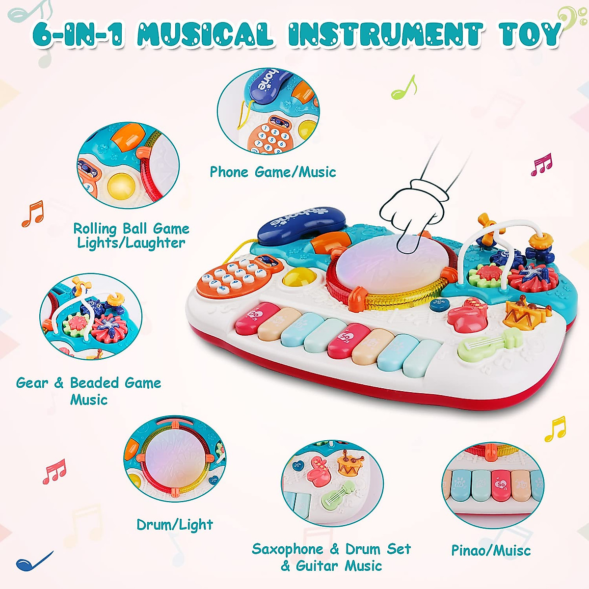 M SANMERSEN Baby Piano Toys 12 to 18 Months - Musical Toy for Toddlers 1 2 3 Years Old Light Up Babies Toy 6-in-1 Keyboard Piano Phone Drum Set Infant Toy Boys Girls First Birthday Gifts