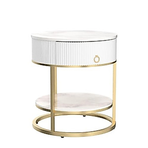 OIOG Round Side Table with Drawer, 2 Tier Night Stand with Shelf, Modern Side Table with Gold Legs for Living Room, Bedroom, Dorm, Marbling Natural Stone/Gold