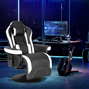 Massage Video Gaming Recliner Chair Ergonomic High Back Swivel Reclining Chair with Speakers, Cupholder, Headrest, Lumbar Support, Adjustable Backrest and Footrest, Black White