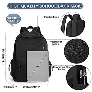 PAUBACK Black School Backpack for Girls Water Resistant High School Book Bag Simple Backpack for Teens Boys Girls, Lightweight Simple Middle School Back Pack Daypack