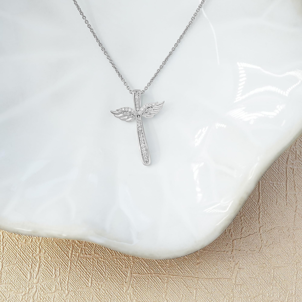 Timeless Love 1/10 CT Diamond Wing Cross Pendant Set in Sterling Silver, Necklace with 18" Cable Spring Ring, Dainty Jewelry for Women, Luxury Fashion Pendant Necklaces for Women or Girls