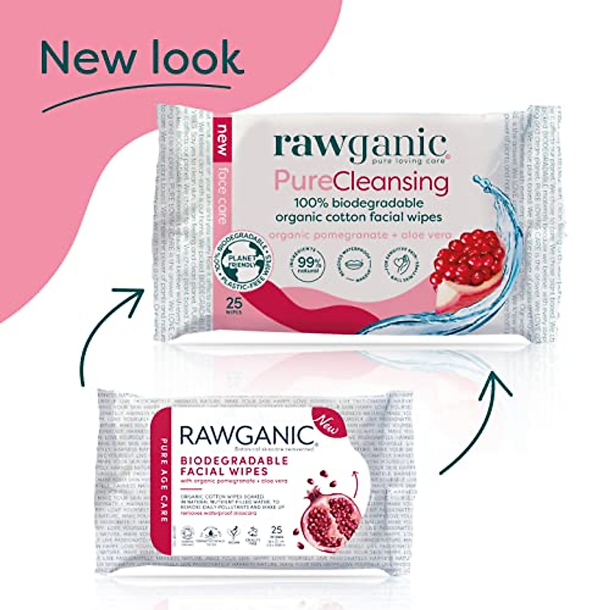 Rawganic Anti-aging Hydrating Facial wipes, Fragrance-free Biodegradable Organic Cotton Wipes with Pomegranate and Aloe Vera (set of 4)