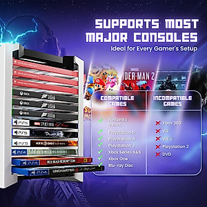 TNP Universal Video Game Storage Tower for PS5, PS4, PS3, Nintendo Switch, Xbox One, Xbox Series S/X - White Video Game Holder Organizer Stand with 12 CD Case Storage for Organizing & Displaying