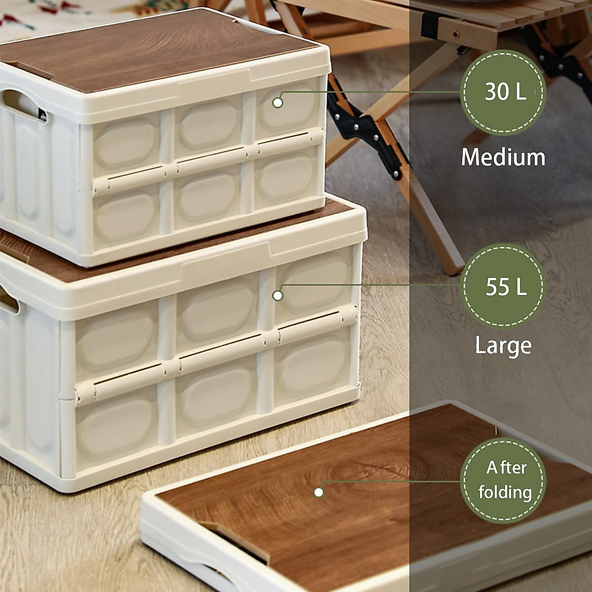 LYZOLICS Collapsible Storage Bin with Wooden Lid, Foldable&Stackable Storage Crate for Outdoor Car, Toys, Camping, Picnic, Indoor Home Room (30L-2pcs)