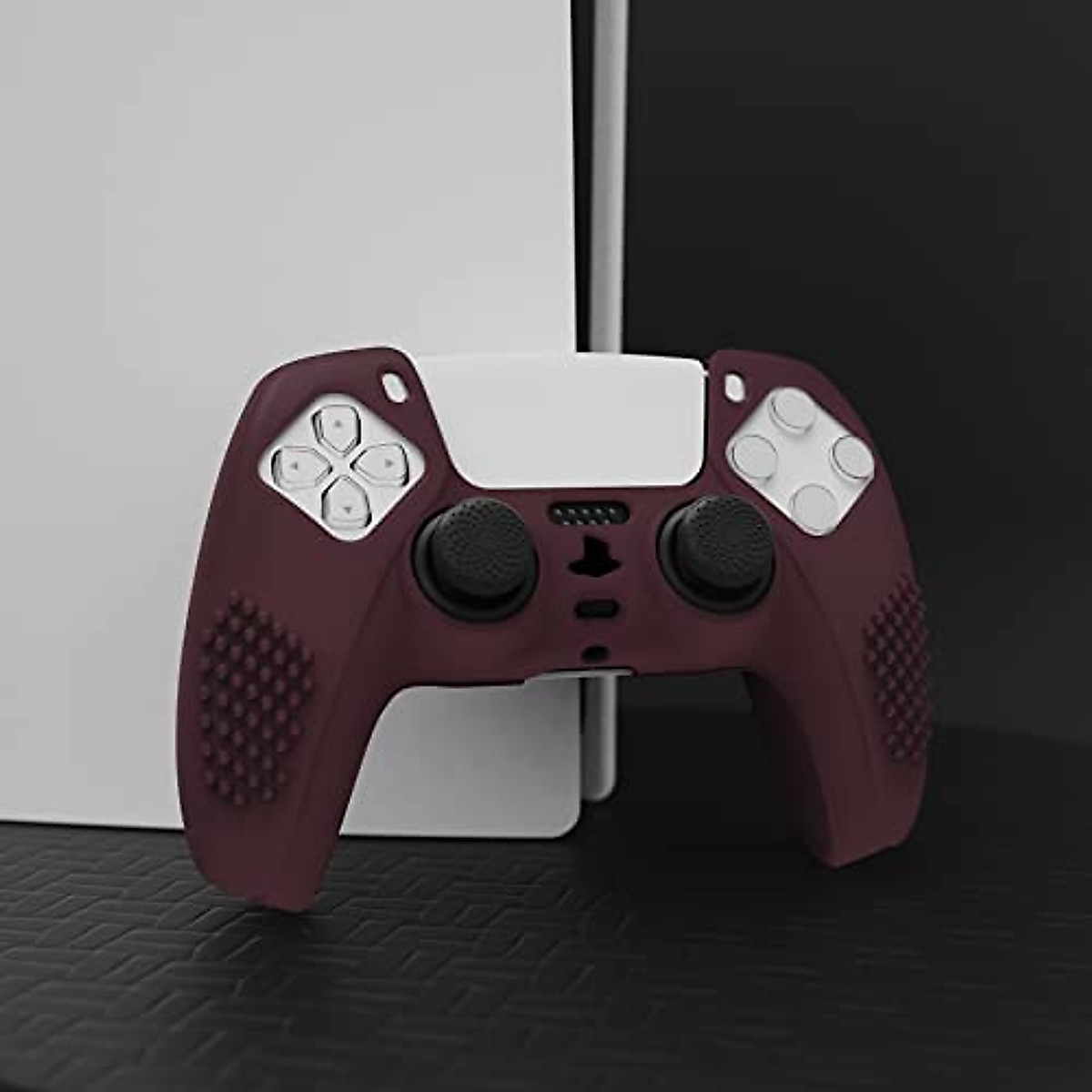 eXtremeRate PlayVital Wine Red 3D Studded Edition Anti-Slip Silicone Cover Skin for ps5 Controller, Soft Rubber Case for ps5 Wireless Controller with 6 Black Thumb Grip Caps