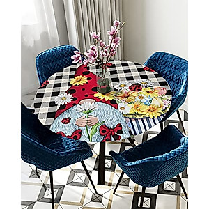 Spring Summer Sunflower Gnome Round Waterproof Table Cover Fitted Tablecloth,Black White Buffalo Plaid Check Wipeable Fabric Elastic Table Cloth Oil-Proof Tablecover for Outdoor Picnic Party,36"-44"