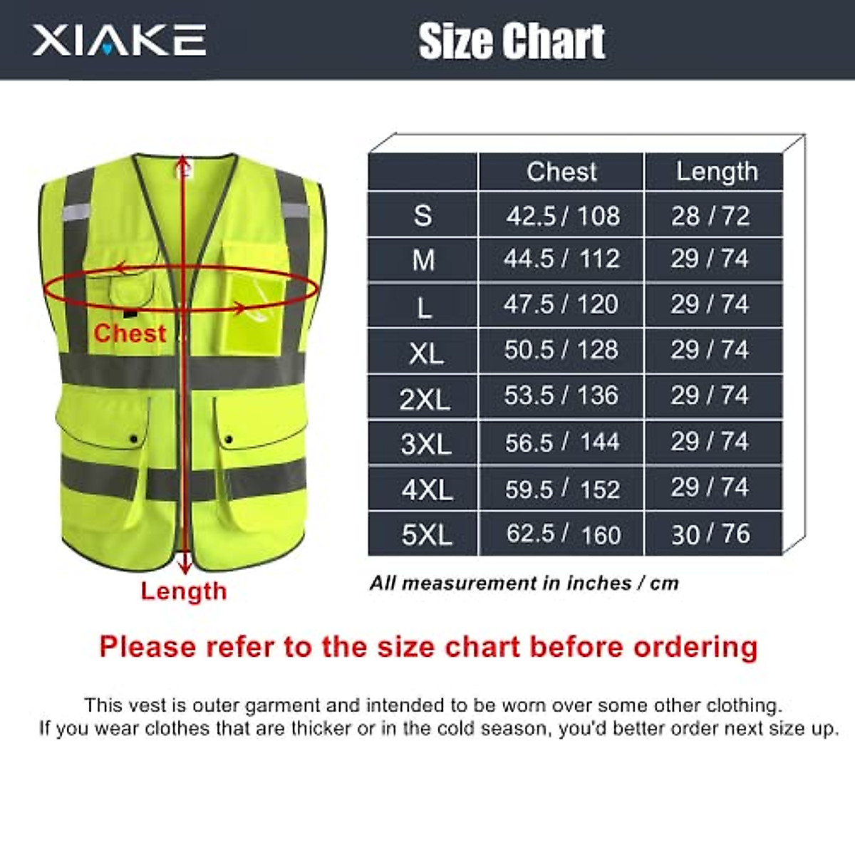 XIAKE 9 Pockets Class 2 High Visibility Reflective Safety Vest Men Women Work Construction Vest Zipper Front Meets ANSI Standards(Yellow,Large)