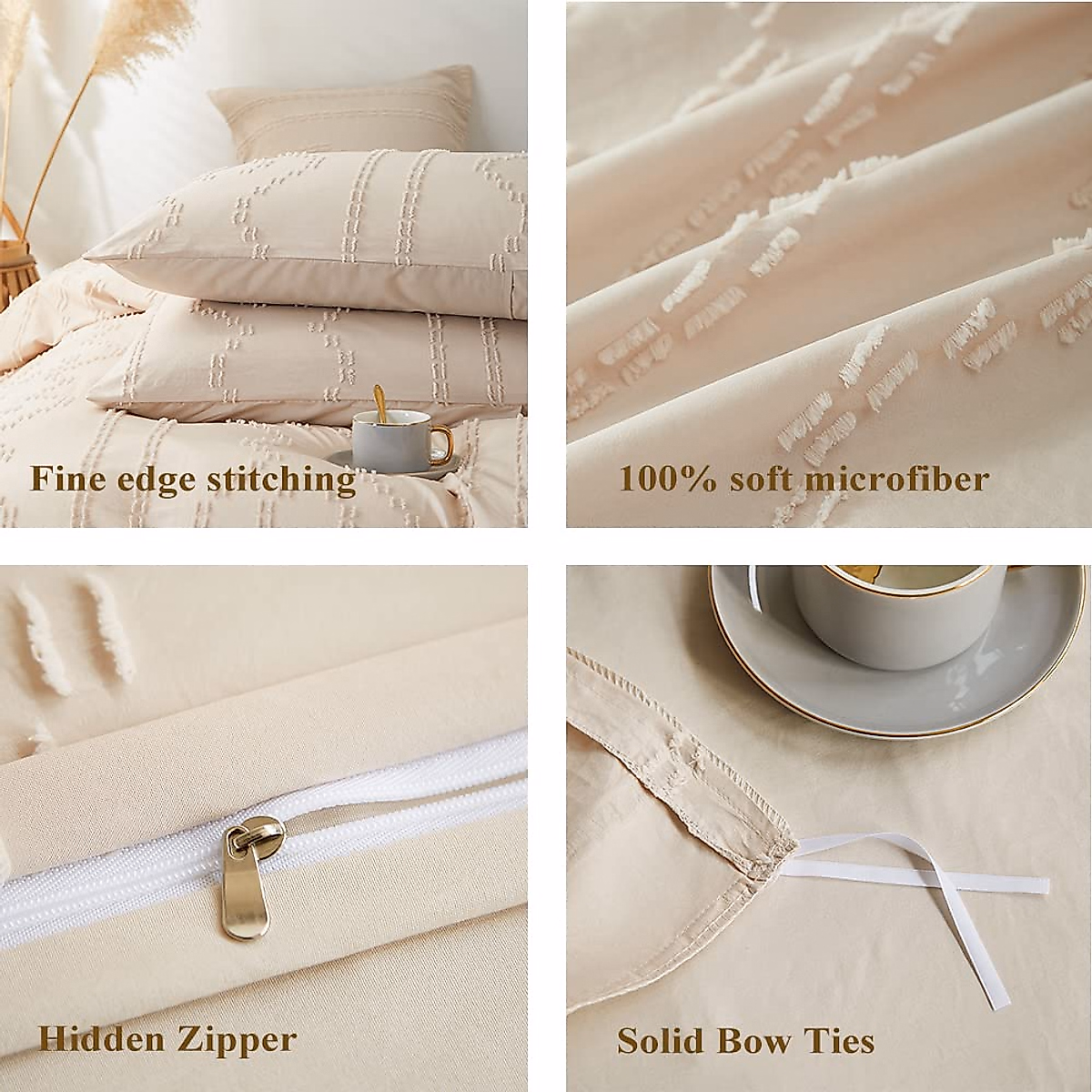 CinYana Boho Bedding Duvet Cover Sets 5 Piece Tufted Comforter Cover Set Shabby Chic Soft Breathable for All Seasons (King/California King, Beige)