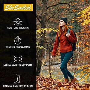 SHESMILED Merino Wool Hiking Walking Crew Socks 3 Pack, Cushion, Quick Dry, Anti Blister for Snow Boots Winter Thermal, Cold Weather Outdoor Sports Toe Warm, Arch Compression, Large, Navy Blue