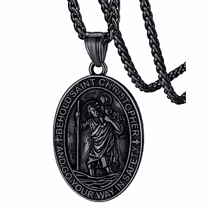 FaithHeart Black St. Christopher Necklace for Men Christian Amulet Jewelry with Stainless Steel Wheat Chain Oval Medal Pendant for Prayer