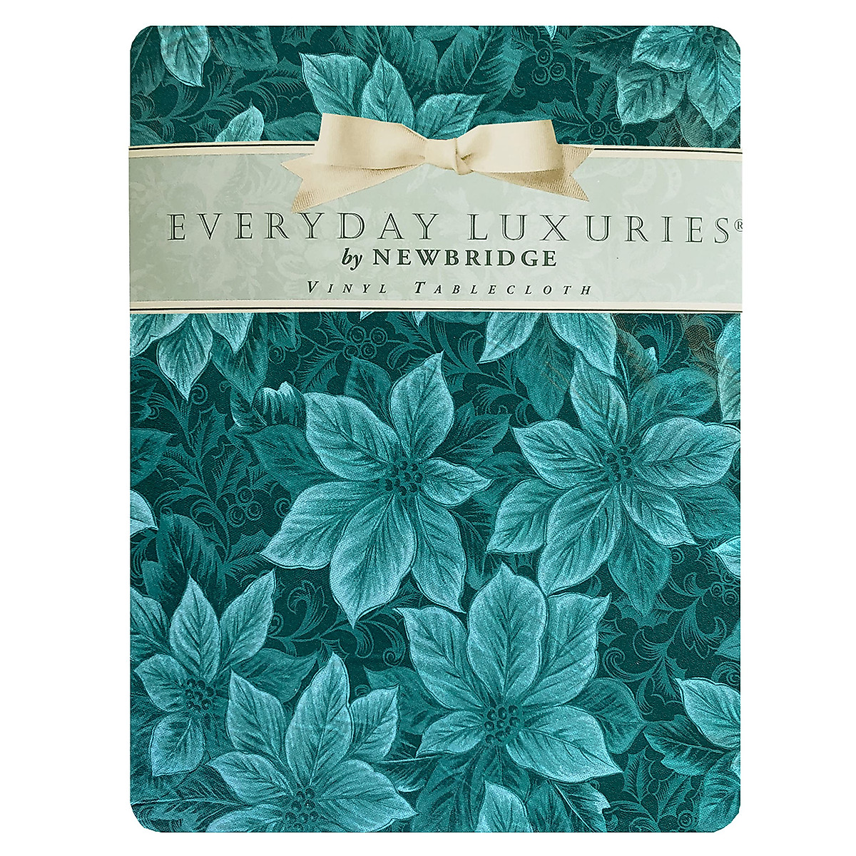 Newbridge Hunter Green Poinsettia Scroll Vinyl Christmas Tablecloth with Flannel Backing, Poinsettia and Holly Damask Look Vinyl Flannel Back Tablecloth, 60” x 102” Oblong/Rectangle