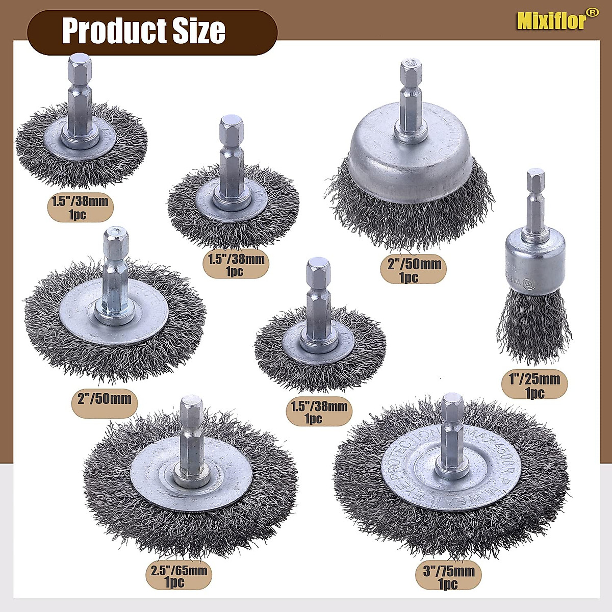 Mixiflor Wire Brush for Drill, 8 Pcs Wire Wheel Brush Cup Set, Wire Wheel for Drill 1/4 Inch Arbor, Drill Wire Brush Cup Brush for Cleaning Rust, Wire Wheel Brush Drill Attachments