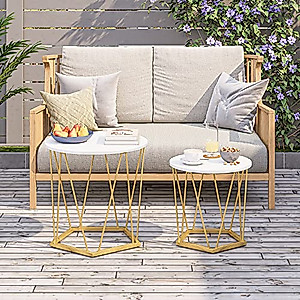 HOOBRO Round Coffee Table Set of 2, Gold Coffee End Table with Metal Frame, Small Coffee Table for Living Room Bedroom Balcony Yard, Modern Style, White and Gold, GD80BZ01