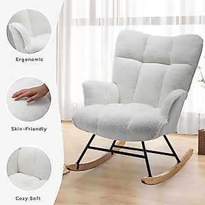 SAETSFEG Nursery Rocking Chair Teddy, Upholstered Glider Rocker with High Backrest, Comfortable Stylish Accent Armchair with Padded Seat for Living Rooms, Bedrooms, White