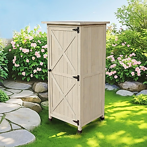 FTCBNet Outdoor Storage Cabinet Wooden Garden Tool Cabinet Shed Sloping Waterproof Galvanized Sheet Roof with 2 Shelves for Deck, Patio, Garden and Yard (Gray)