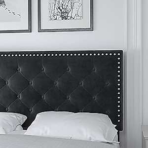 Catrimown Queen Bed Frame, Velvet Upholstered Bed Frame with Adjustable Button Tufted & Nailhead Trim Headboard, Wooden Slat Support/No Box Spring Needed/Easy Assembly, Black