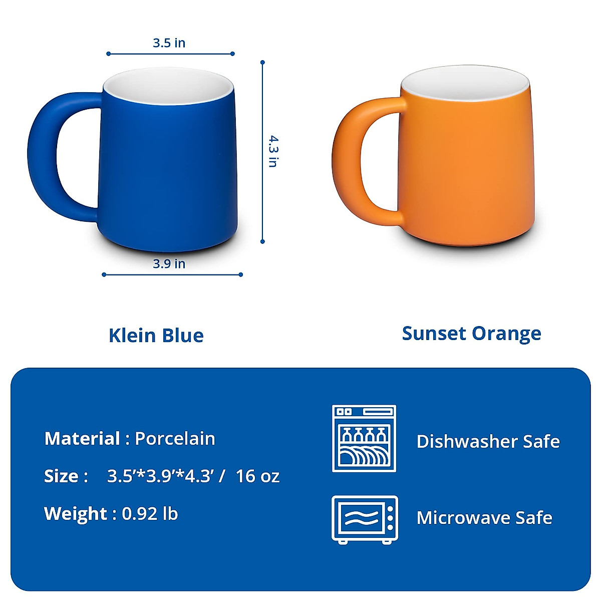 E-liu Big Coffee Mug Set of 2, Large Handle 16 Oz Blue Orange Combo Ceramic Mugs, Valentines Day Gifts Gift Mug for Latte, Cappuccino, Tea, Coffee Lovers Couples Mugs