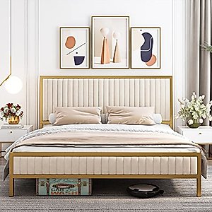 HIFIT King Size Bed Frame, King Bed Frame and Headboard, Heavy Duty Metal Foundation, Upholstered Bed Frame with Velvet Tufted Headboard, Wood Slats Support, No Box Spring Needed, Gold and Ivory White