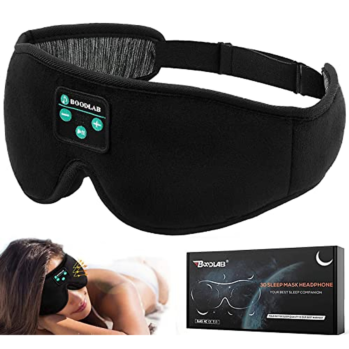 Boodlab Sleep Headphones, Sleep Mask with Bluetooth Headphones, Washable Sleep Mask Headphones with Adjustable Ultra Thin Stereo Speakers Microphone Hands Free for Travel