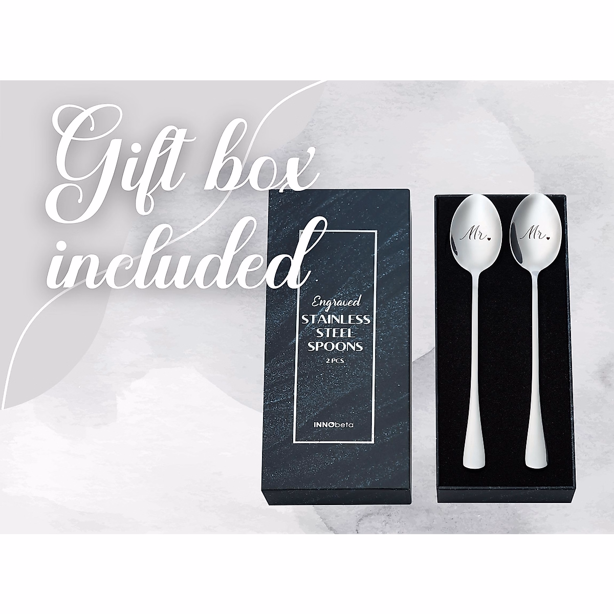 INNObeta Engagement Gifts for Gay Couples, 2 Pcs Engraved Ice Cream Spoons, Stainless Steel Coffee Spoon, Ideal for Wedding, Anniversary, Mr & Mr