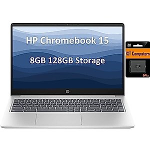 HP Chromebook 15 (15.6" HD, 2023 Intel Processor N200 (Beat i3-10110U), DDR5 8GB RAM, 128GB Storage (64GB eMMc + 64GB SD Card), Webcam, Numeric Keyboard) Home & Student Laptop, IST SD Card, Chrome OS