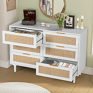 FUQARHY 6 Drawer Dresser Rattan Dresser Modern Chest with Drawers,Wood Storage Closet Dressers Chest of Drawers for Bedroom,Living Room,Hallway (White)