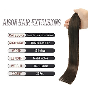 Dark Brown Tape in Hair Extensions Human Hair 100% Remy Human Hair Extensions Silky Straight for Fashion Women 20 Pcs/Package(14Inch #2 30g)