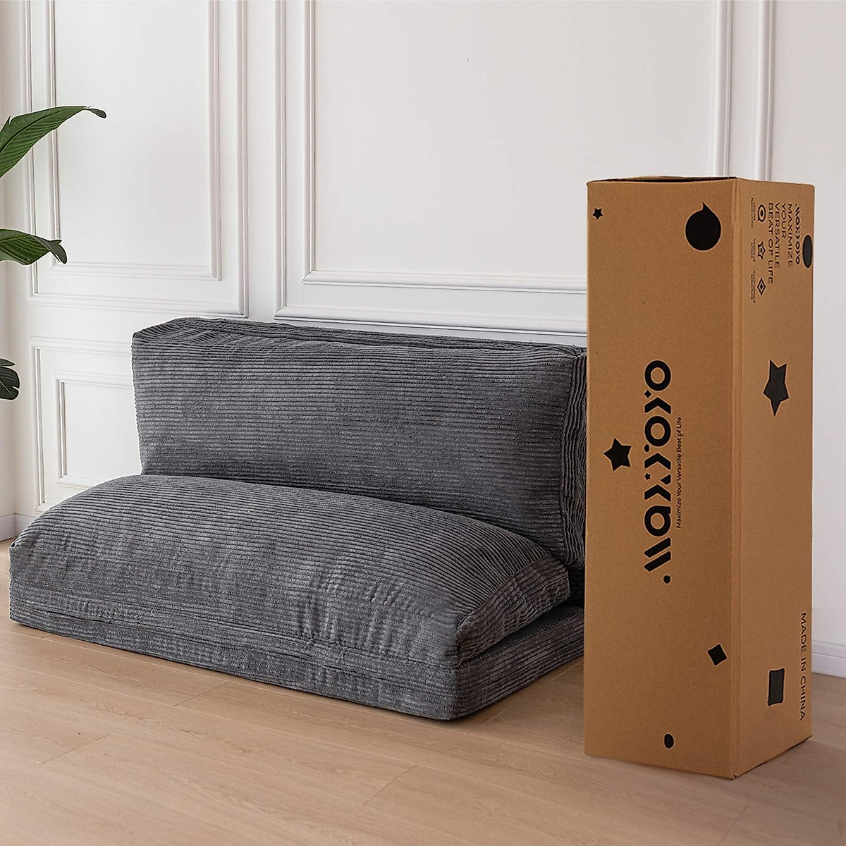 MAXYOYO Bean Bag Bed Folding Sofa Bed Floor Mattress for Adults, Extra Thick and Long Floor Sofa with Corded Washable Cover, Dark Grey, 30x95 Inch