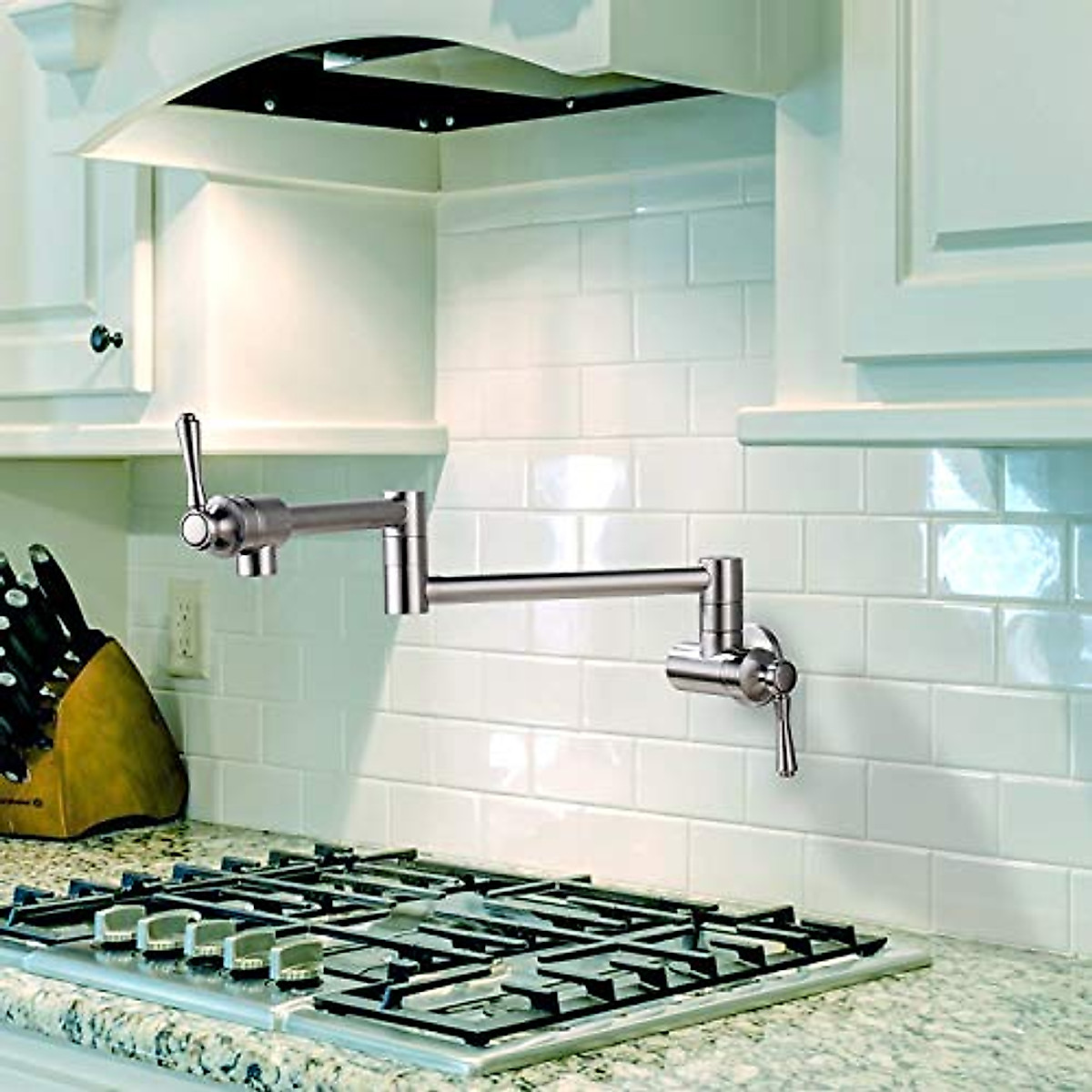 BULUXE Pot Filler Faucet Wall Mount,Brushed Nickel Finish and Single Hole 2 Handles with Dual Swing Joints Design