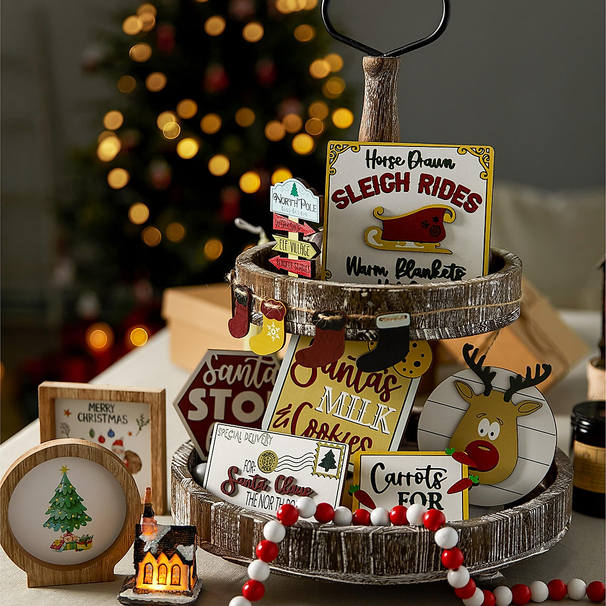 2PCS Christmas Tiered Tray Decor, Tiered Tray Christmas Decor Set, Tiered Tray Decoration, Christmas Wood Signs Christmas Decorations New Year Holiday Decor