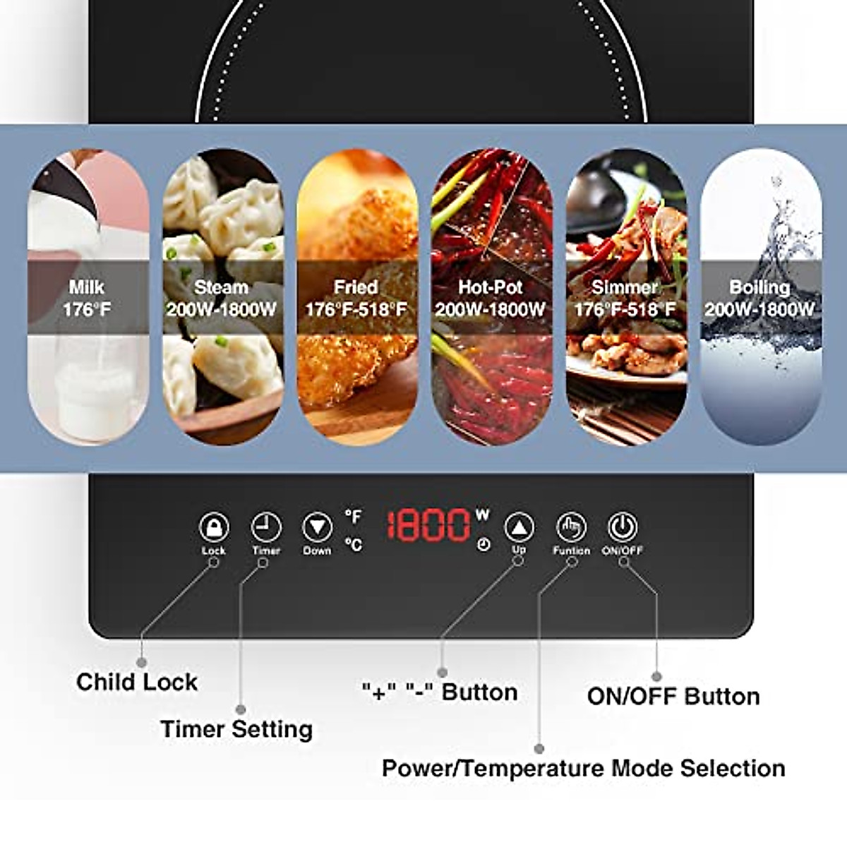 QTYANCY Portable Induction Cooktop, 110V Electric Cooktop Countertop Burner with LED Touch Screen, Overheat Protection Function Hot Plate, 9 Power and Temperature , Black Crystal Glass Surface, Timer and Safety Lock
