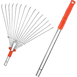 Karveden Adjustable Leaf Rake Garden- Expandable Metal Rakes for Lawns Yard Roof , Outdoor Portable Gardening Tools 8 to 63 Inch Telescopic Rake Easy to Clean Weed, Flowers,Leaves (Orange)