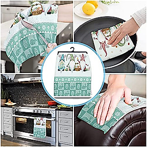 Beisseid Easter Day Kitchen Towels Bunny Ears Gnomes Dish Cloth Fingertip Bath Towels Easter Egg Check Plaid Floral Hand Drying Soft Cotton Tea Towel Set, 18x28in 2PCS