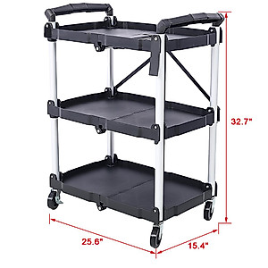 Yone jx je 3 Layers Folding Collapsible Service Cart Pack, Folding Collapsible Service Cart, 50 Lb, Load Capacity Per Shelf, Black