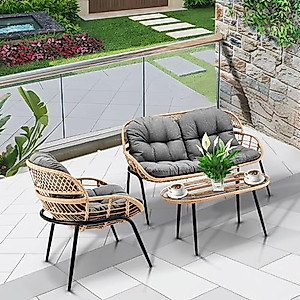 Urban Home Furniture Belize 4-Piece PE Natural Rattan Outdoor Conversation Set, 2 Single Chairs with Cushions, Loveseat with Cushions, Coffee Table with Glass Top, with Grey Cushions