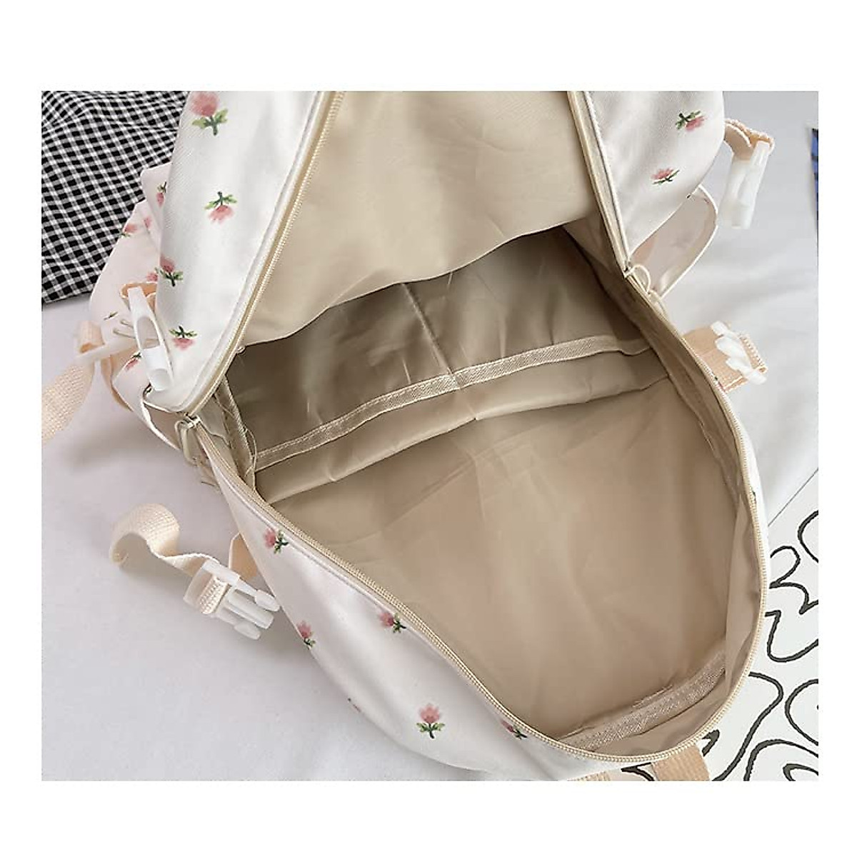 Floral Backpack with Kawaii Plush Puppy Pendant Accessories Cute Multi-Pockets Aesthetic Back to School Bookbag Laptop (Black)