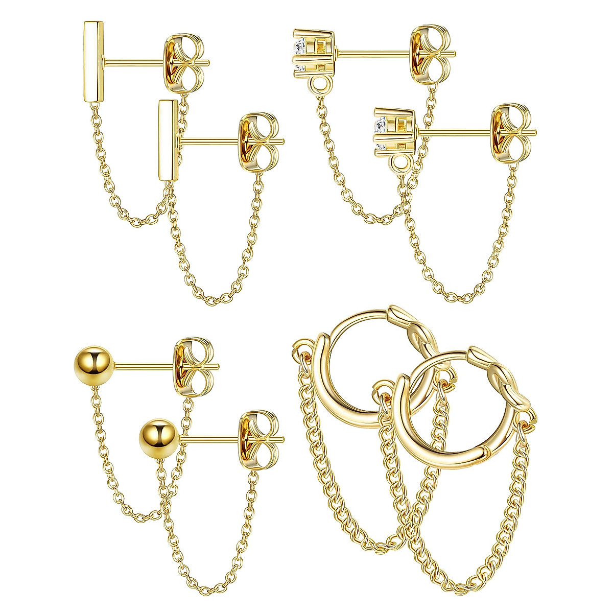 YADOCA 4 Pairs Chain Earrings for Women CZ Ball Bar Huggie Hoop Piercing Dangle Chain Stud Earring Set Gold