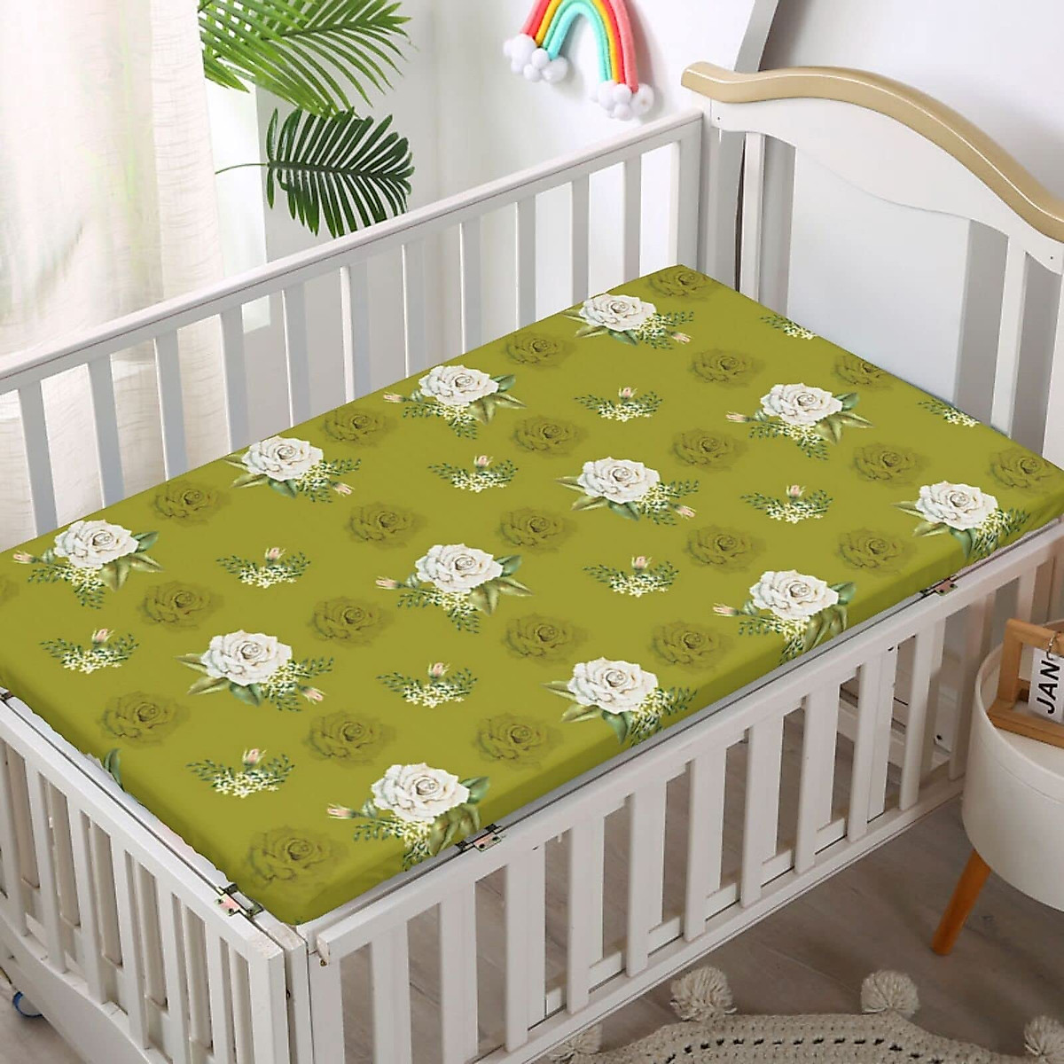 Rose Flower Themed Fitted Mini Crib Sheets,Portable Mini Crib Sheets Soft & Stretchy Fitted Crib Sheet-Crib Mattress Sheet or Toddler Bed Sheet,24“ x38“,Dark Khaki Olive Green
