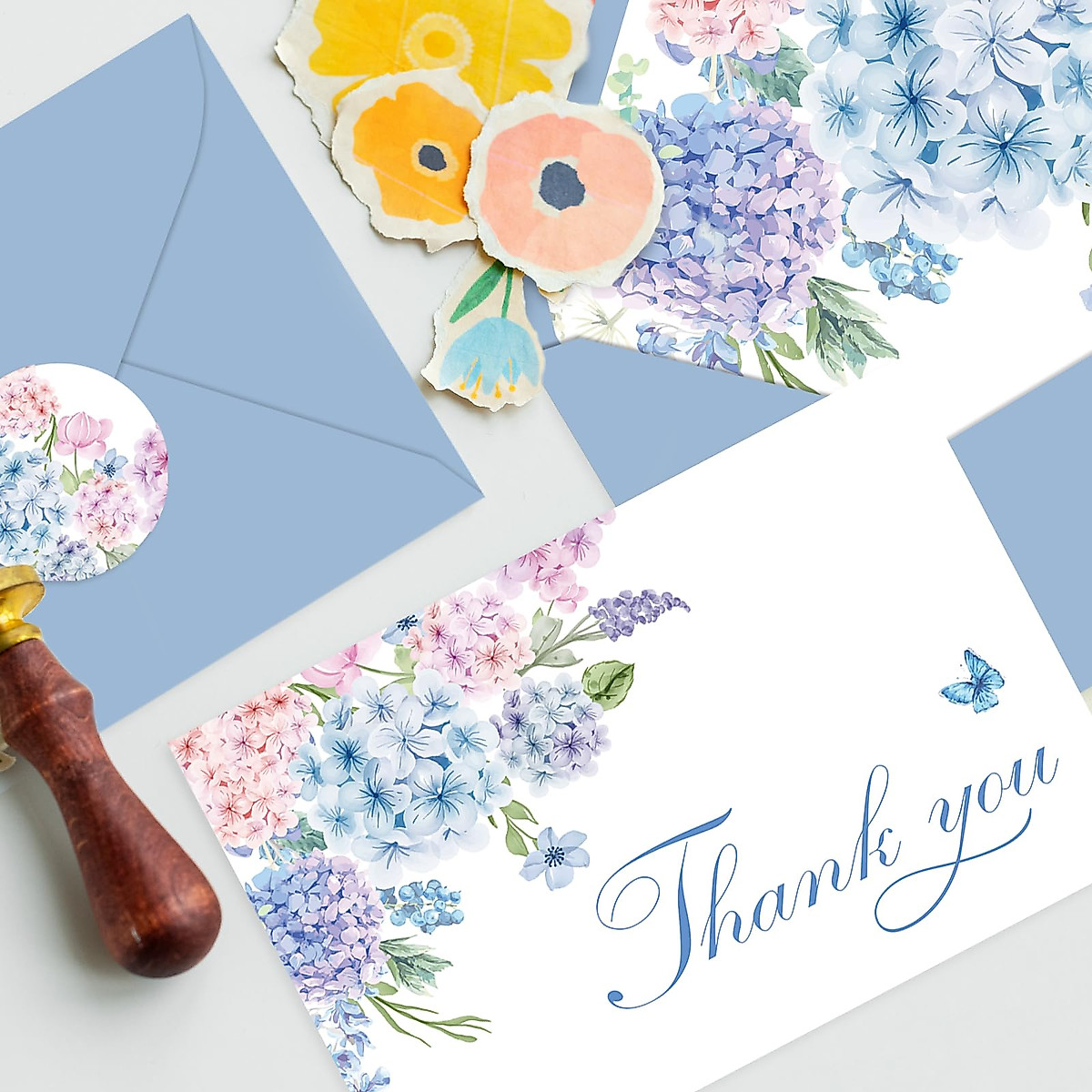 Whaline 24Pcs Blue Hydrangeas Thank You Cards with Envelopes and Stickers Blue Pink Floral Greeting Cards Flower Blank Note Cards for Party Supplies