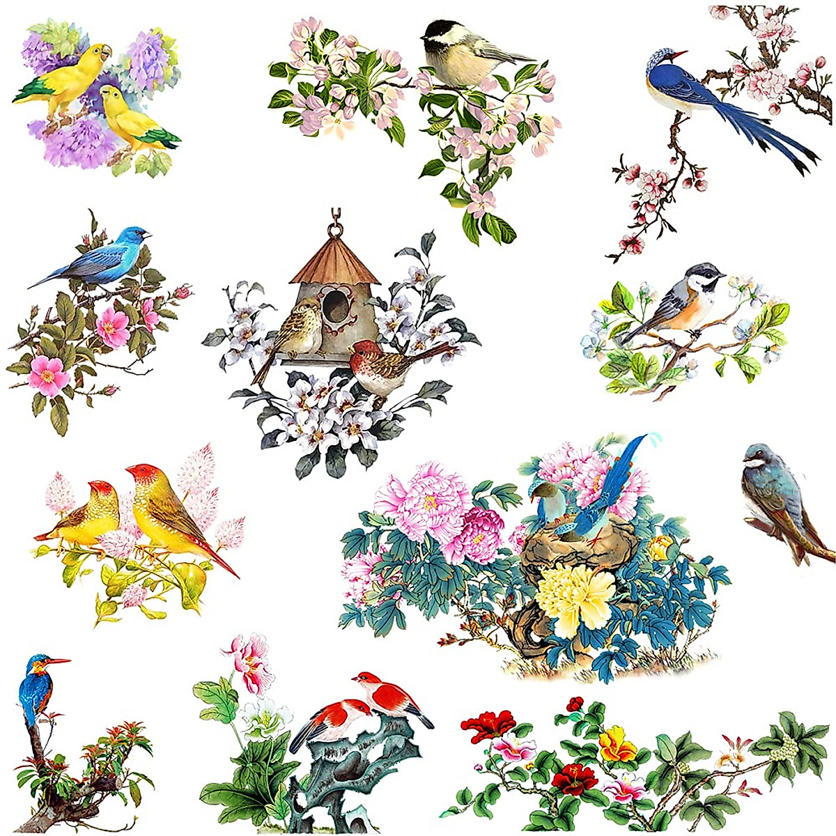 Birds on Tree Branches Wall Decals,Cardinal Birds Flowers Wall Stickers Spring Summer Robinbird Decor for Home Kitchen Office Kids DIY Supply