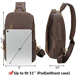 TIDING Vintage Full Grain Leather Sling Bag Travel Hiking Crossbody Chest Daypack For Men