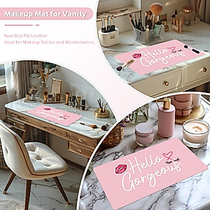 Makeup Mat for Vanity Top Protector, Dual-Sided Vanity Mat Waterproof Dressing Desk Makeup Table Cover Mat Hello Gorgeous (Baby Pink/Silver, 23.6"x11.8")