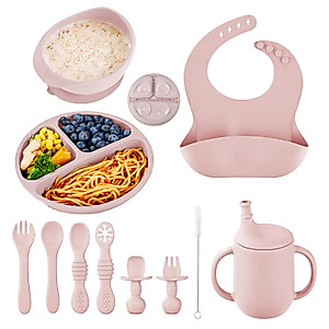 Baby Led Weaning Supplies, FOTEEMO 11-Piece Silicone Baby Feeding Set Self Feeding Baby Utensils First Food Set For 6+ Months Toddler Baby Plates with Suction (Pink)