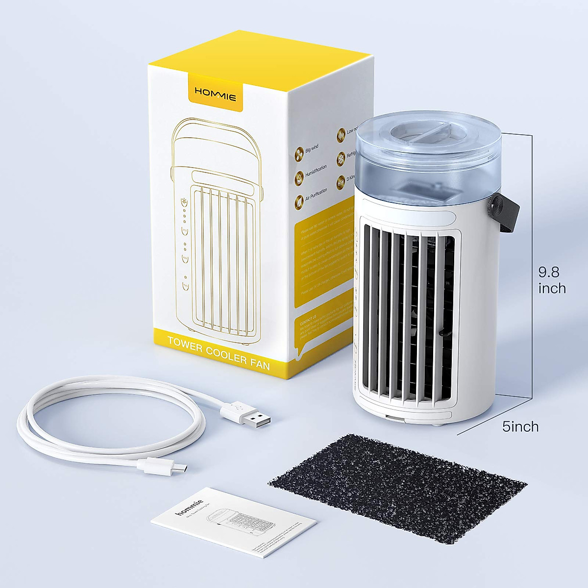 Portable Air Conditioner, Hommie 5 in 1 Personal Mini Air Cooler with 2 Fans, 8 Colors LED Light and 3 Speeds, Small Desk Mini Ac Evaporative Cooler Fanfor Personal Use Small Room