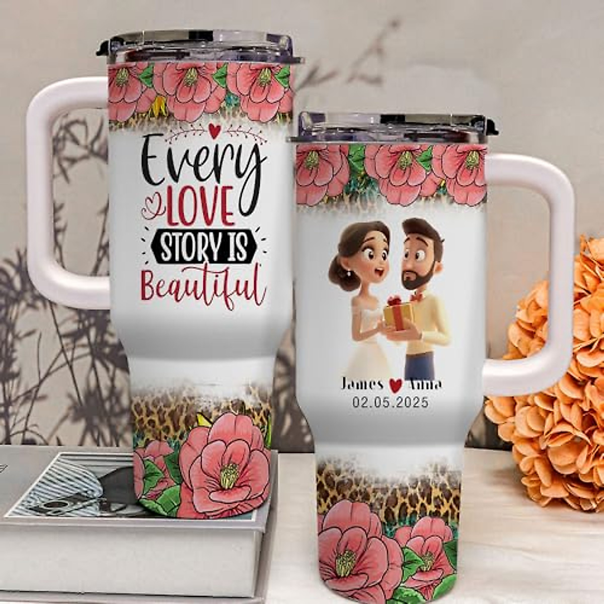Personalized 40oz Tumbler with Handle – wedding kiss-Custom Couple Gift for Anniversary Wedding Gift, Birthday, Mother's Day, Valentine’s Day fDe0TL