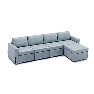 LIADTOP 4 Seater Module 1 Ottoman,Mid Century Modern Sectional Sofa Couch,for Living Room Bedroom Studio,Light Blue
