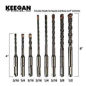 KEEGAN TOOLS 8-Piece SDS-Plus Professional Drill Bit Set with 4-Cutter Heads, Carbide Tips, SDS Rotary Hammer Drill Bit Set, Use on Concrete, Cement, Stone, Brick, Other Masonry Materials