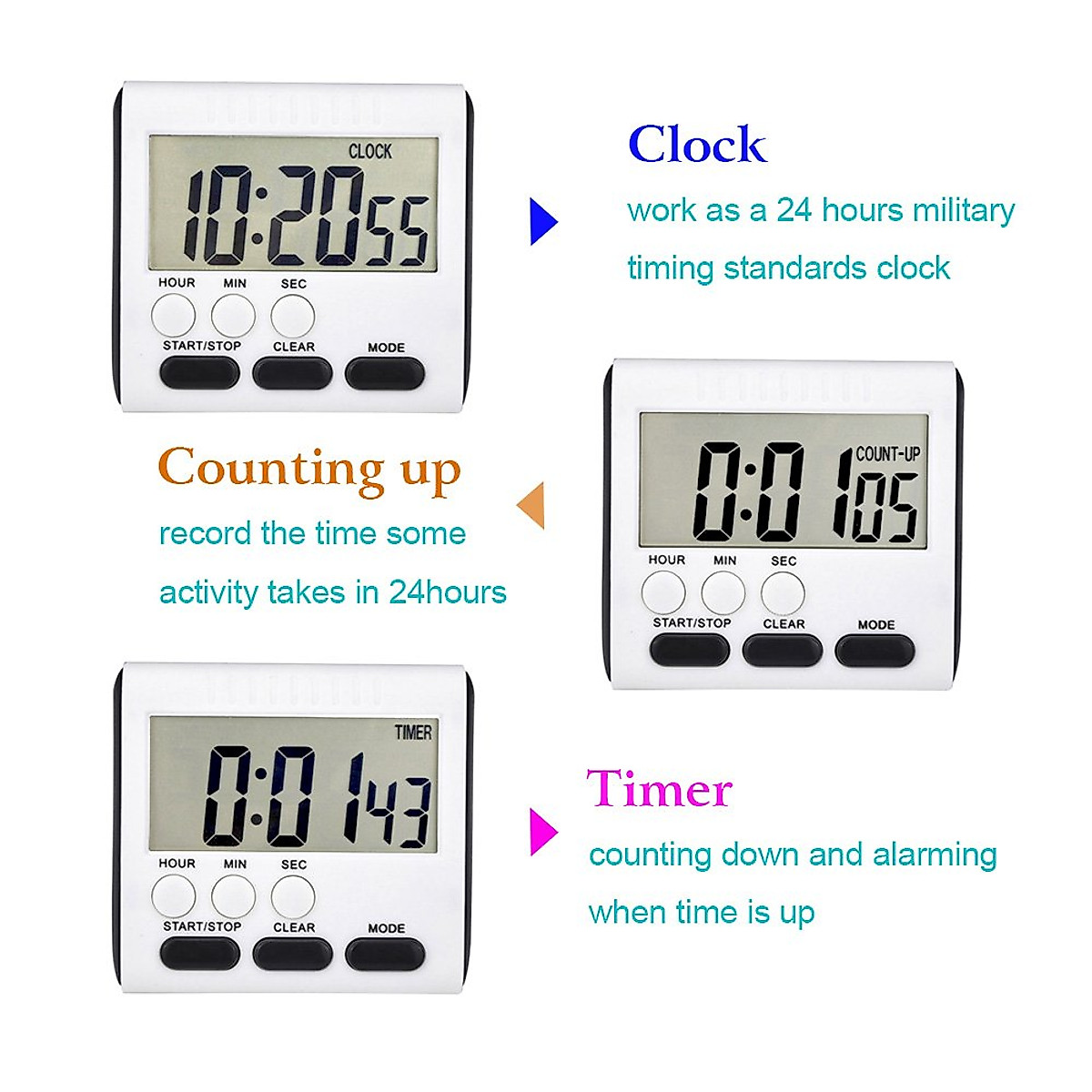 Mudder 3 Pack 24 Hours Magnetic Kitchen Timers with Digital Alarm Clock Timer, Loud Alarm and Big Screen (Black)