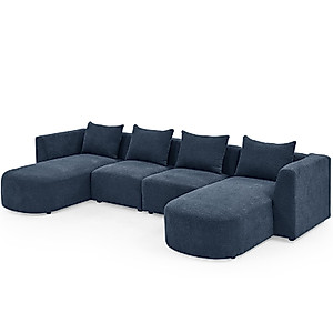 GNIXUU Modular Sectional Sofa, Modern Minimalist Boucle Fabric U-Shaped Sectional Couch, Comfy Double Chaise Lounge 4 seat Couch Set with Pillows for Living Room, Office, Apartment，117Inch(Blue)
